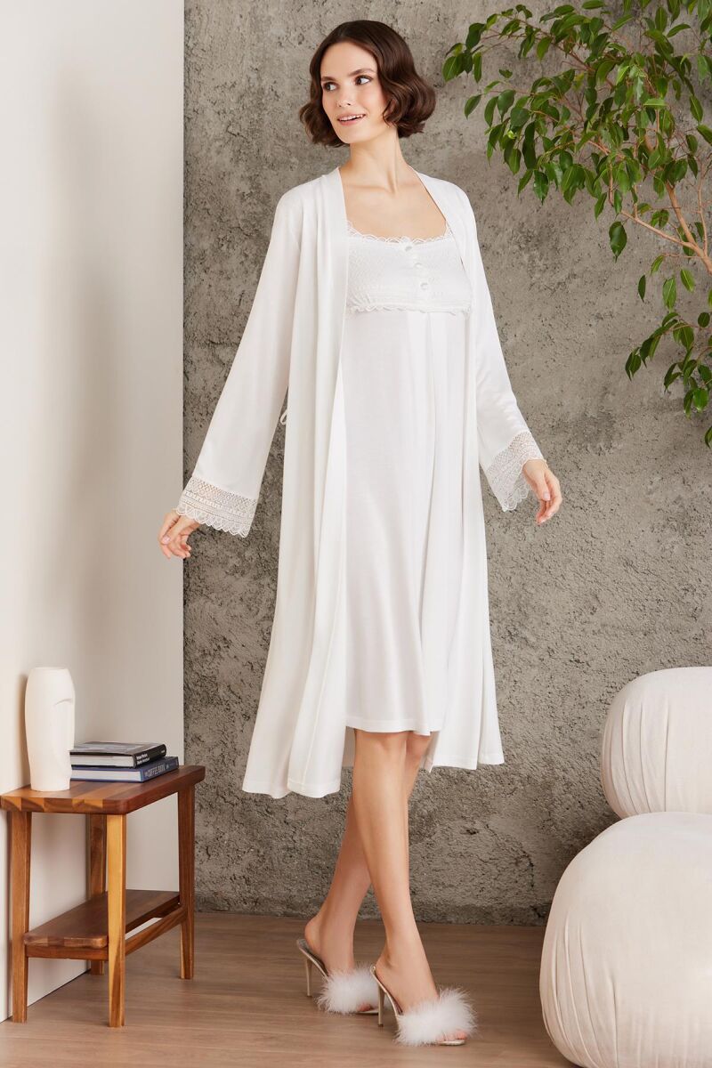 Pierre Cardin Penye Dantelli Gecelik & Sabahlık Takım - 4005 Ekru ...