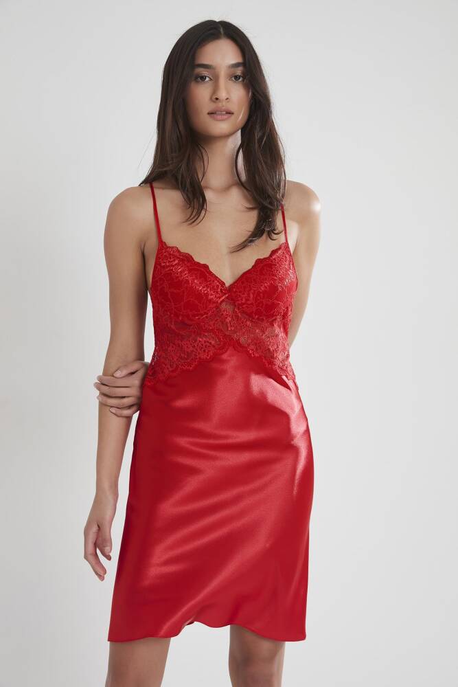 Saten Dantelli Kadın Gecelik - 608 Kırmızı | Pierre Cardin Night Wear
