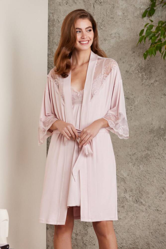 Penye Dantelli Kadın Gecelik ve Sabahlık Takım - 4010 Pudra | Pierre ...