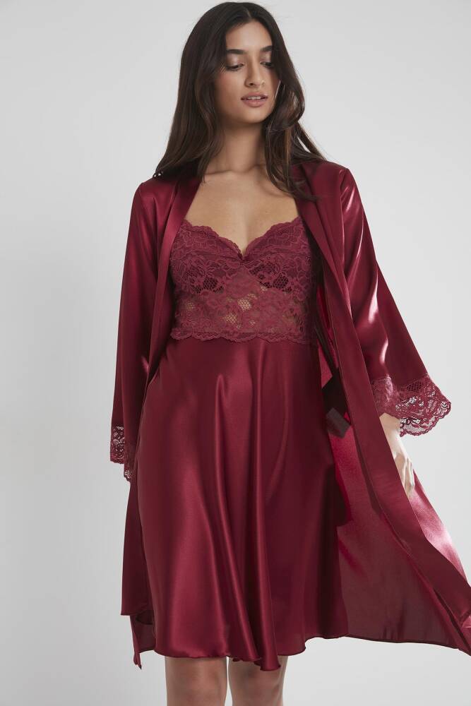 Saten Dantelli Kadın Gecelik ve Sabahlık Takımı - 4265 Bordo | Pierre ...