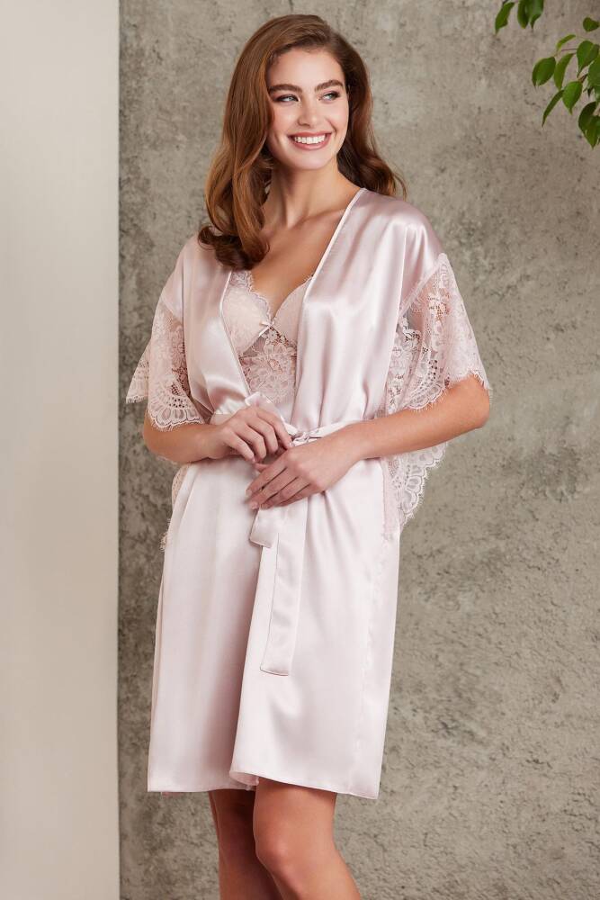 Saten Dantelli Kadın Gecelik ve Sabahlık Takımı - 4490 Pudra | Pierre ...